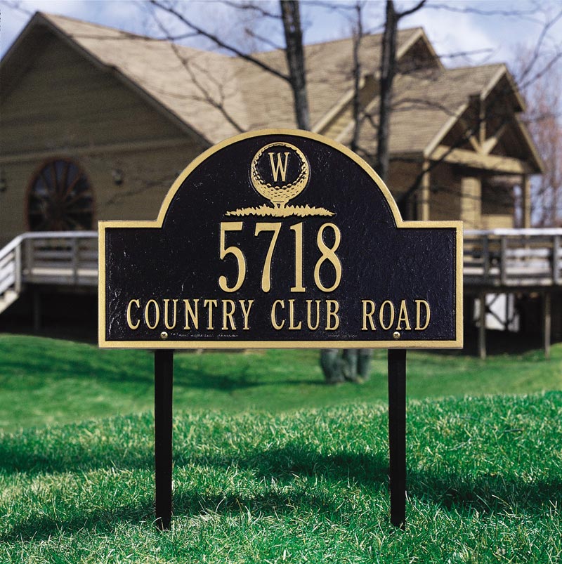 Address Plaque with Monogrammed Golf Ball For Wall or Optional Lawn Mount