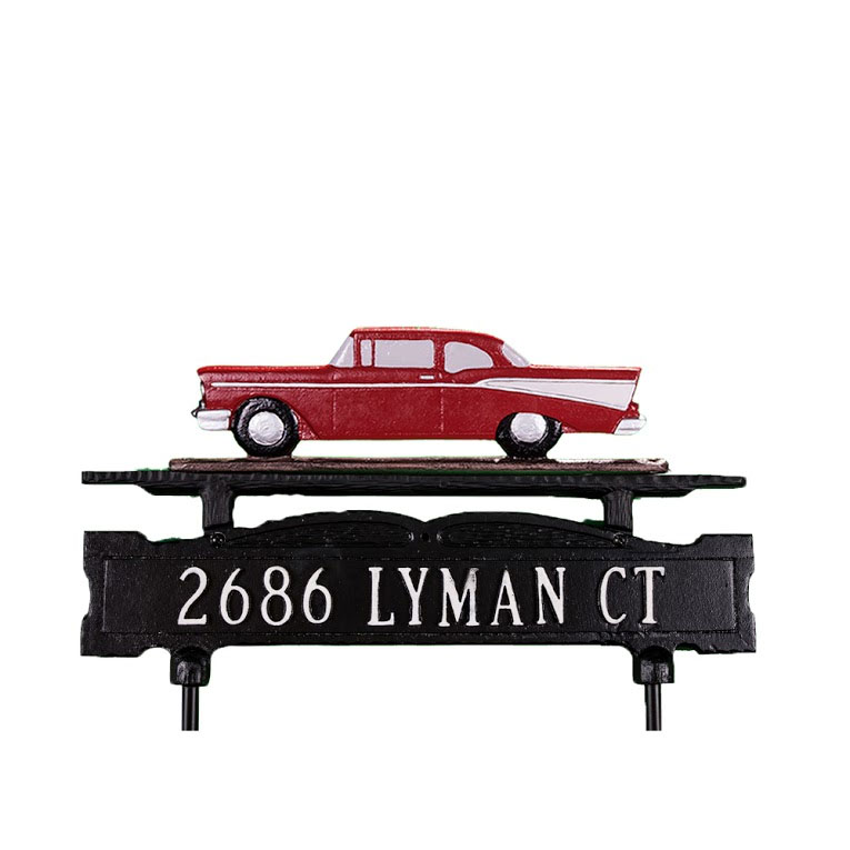 Lawn Address Sign With Classic Car Ornament On Top - Double Sided ...