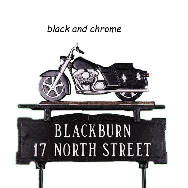 Lawn Mounted Double Sided Address Sign With Motorcycle Ornament On Top