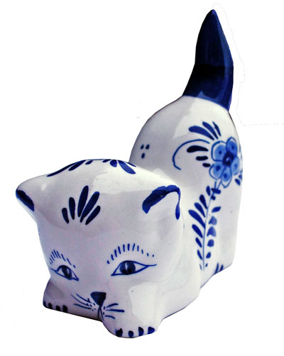 DeWit Handpainted Blue Delft Cat Figurine - 4" - Figurines and Planters