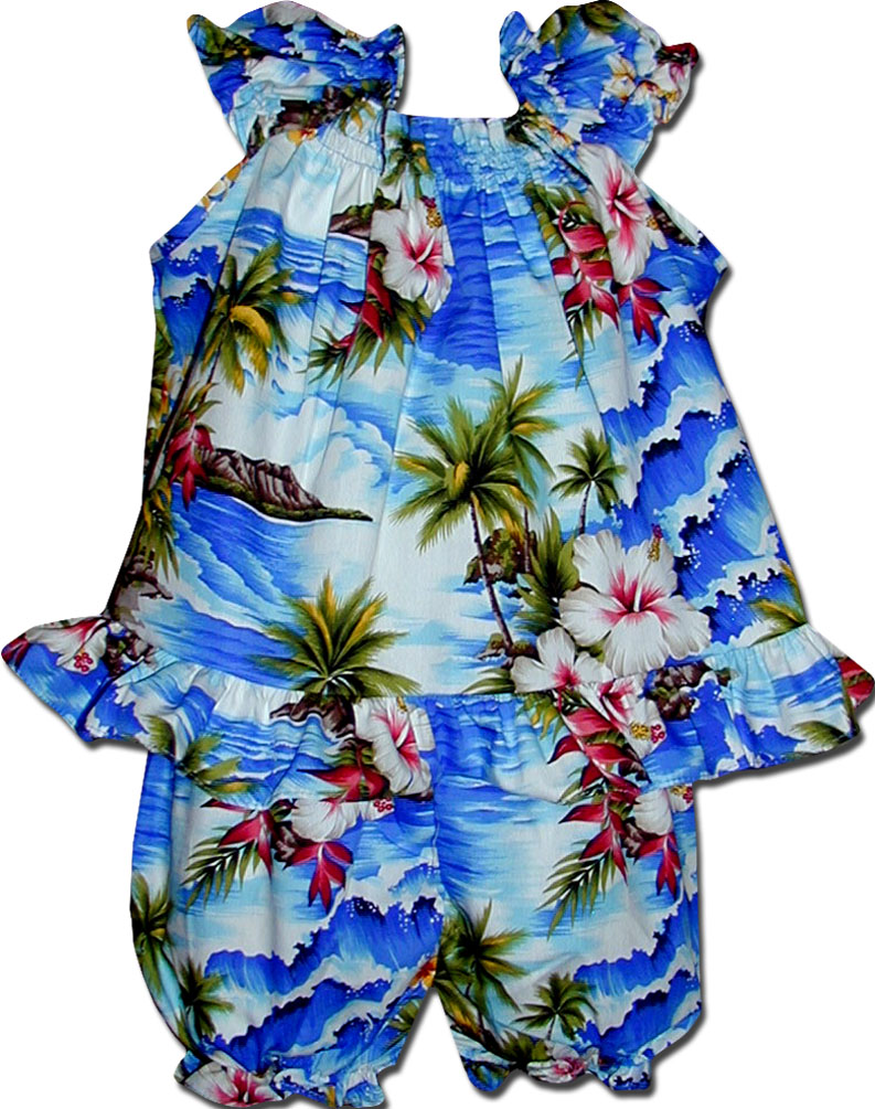 Kids Hawaiian Clothing Blue Waikiki Beach girls 2pc Set