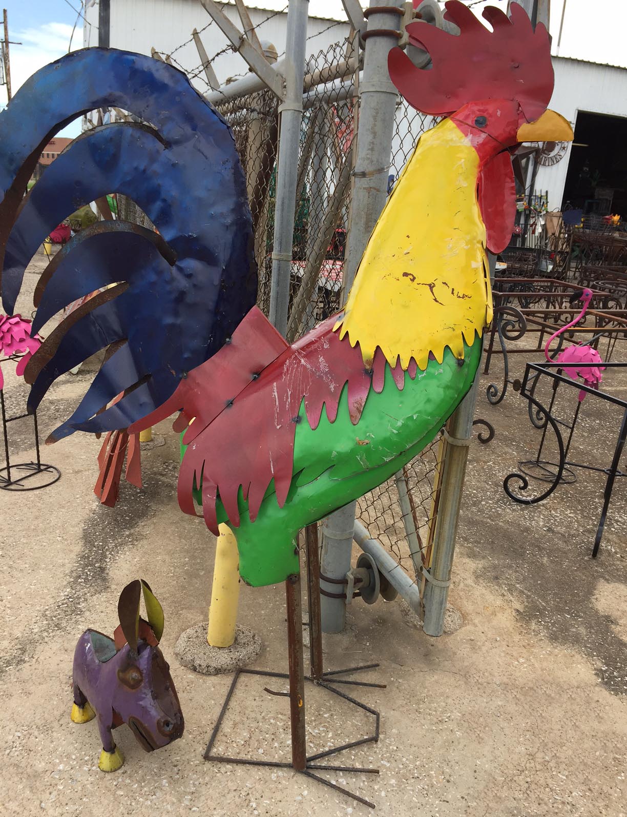 Giant Wrought Iron Chicken - 6 Foot Tall Brightly Colored Giant Chicken