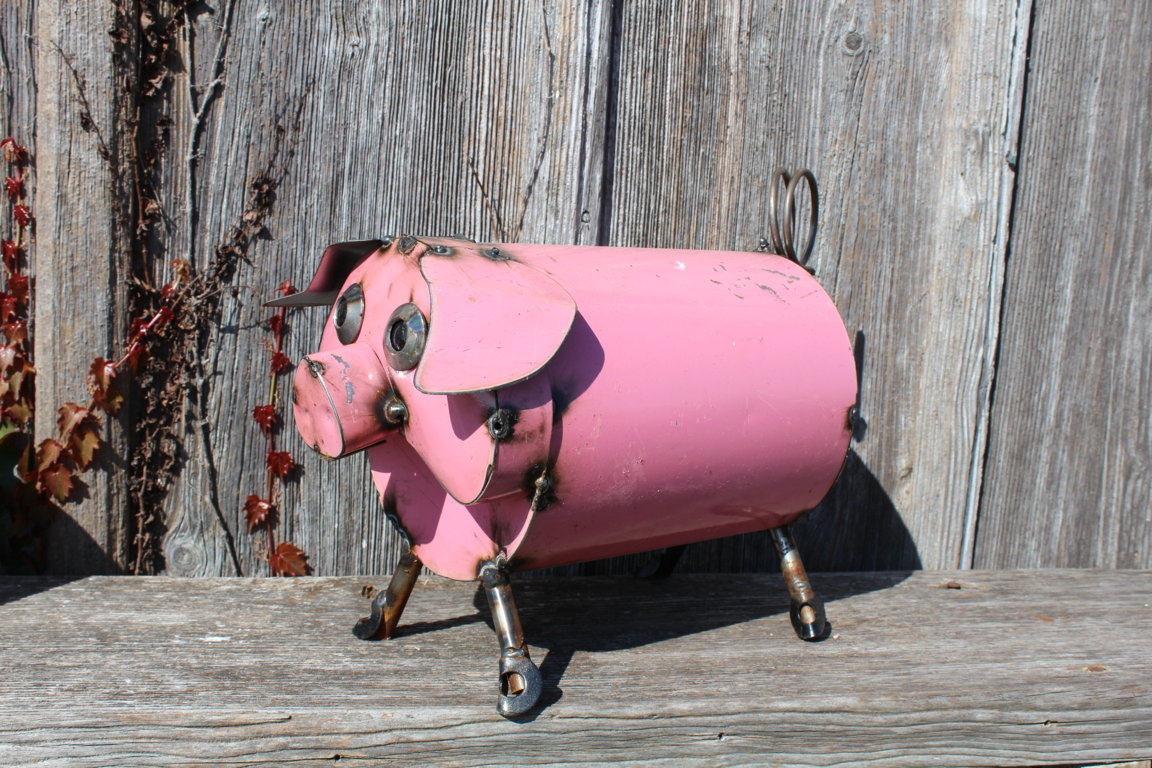 11" Large Soup Can Recycled Metal Pig Yard Art