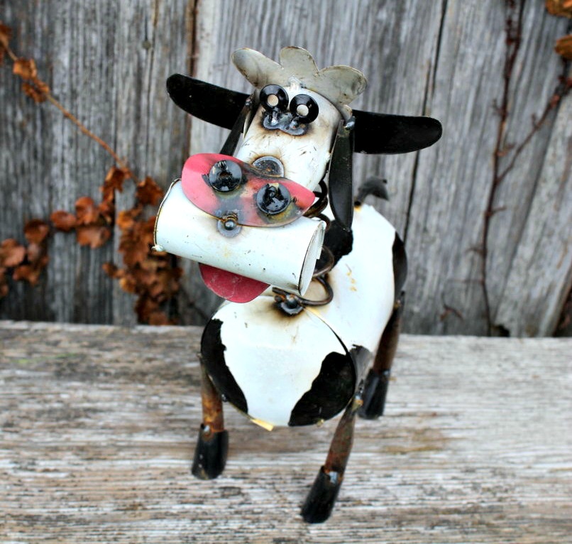 Mini Spotted Metal Cow - Recycled Metal Art - Garden Ornament