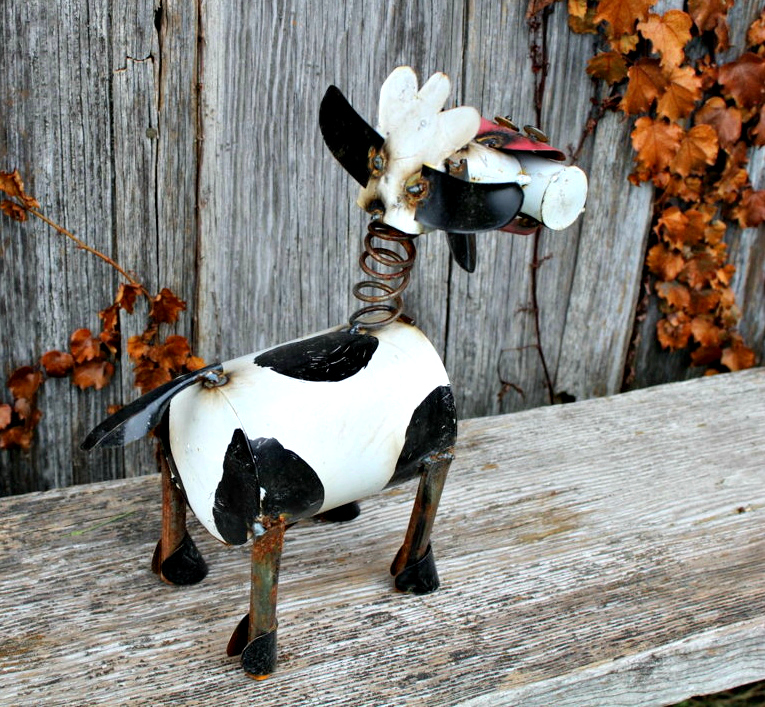 Mini Spotted Metal Cow - Recycled Metal Art - Garden Ornament
