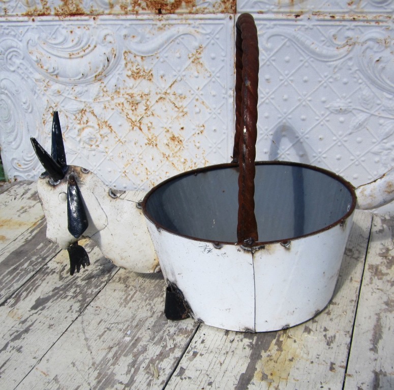 Recycled Metal Goat Pail Flower Pot Holder