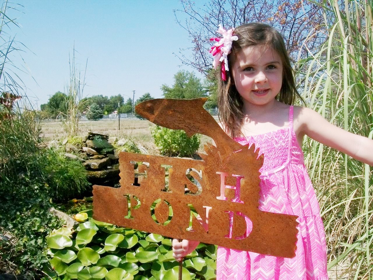 Rustic Tin Fish Pond Sign - Decorative Stake