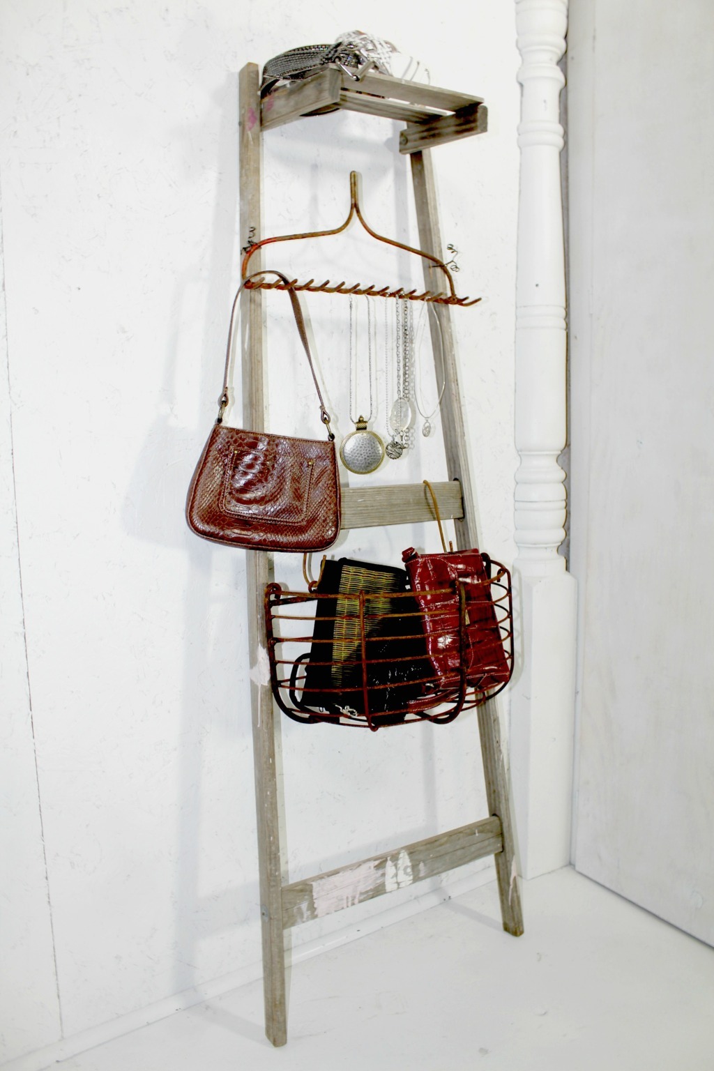 Vintage Handyman Ladder Storage - Rake & Metal Basket
