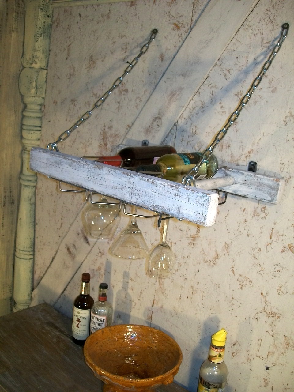 Wall Mount Ladder Wine Rack - 2 Bottles & Stemware