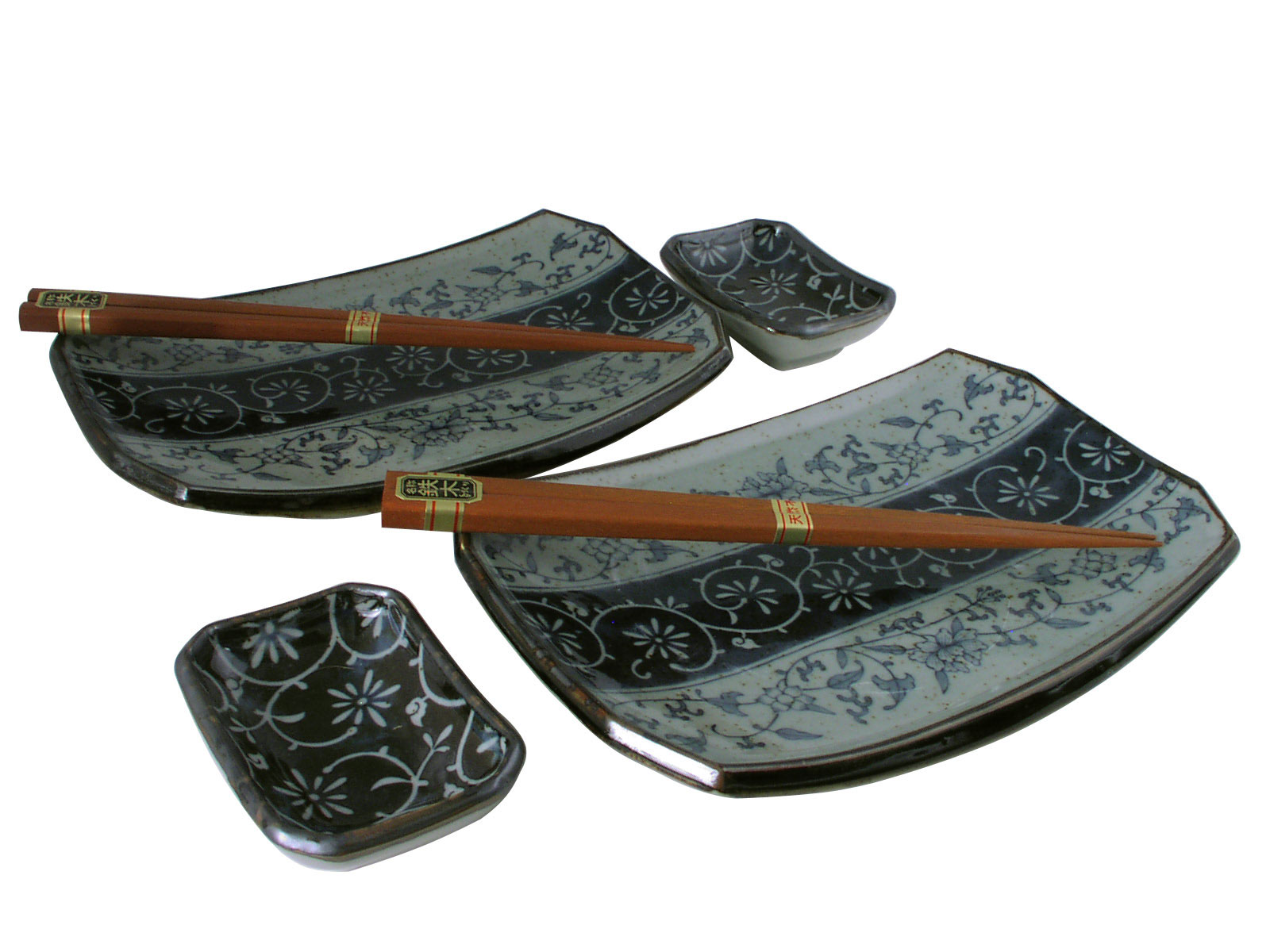 Rustic Dark Green, Blue and Cream Karakusa Sushi Dishes Set for Two