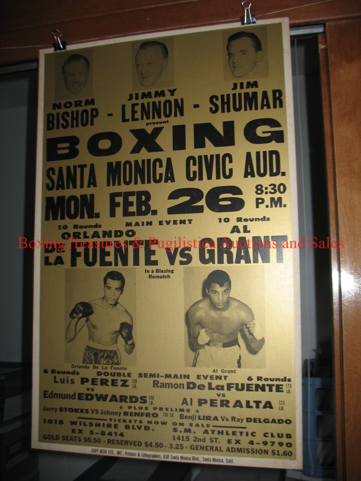 1962 ORLANDO DE LA FUENTE vs AL GRANT Boxing Fight Poster SANTA MONICA, CA