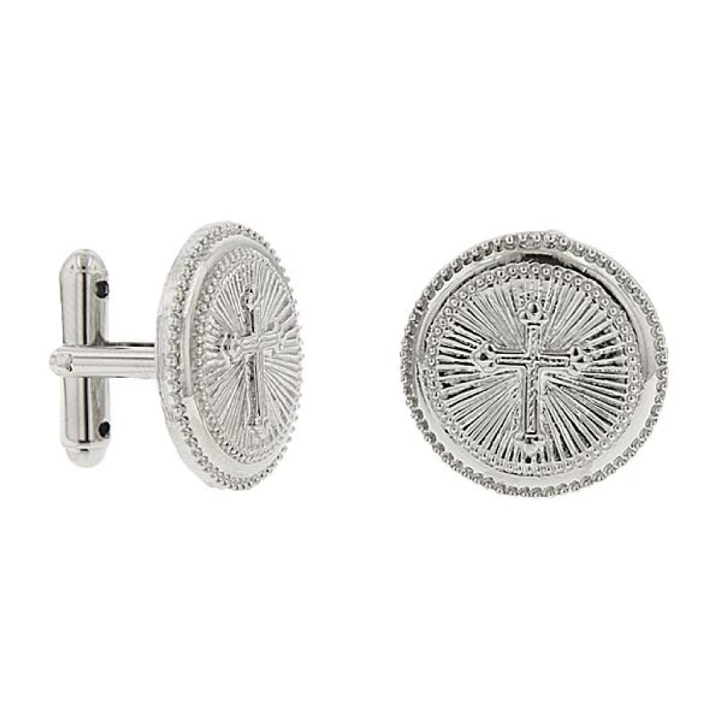 Silver Tone Round Cross Cufflinks