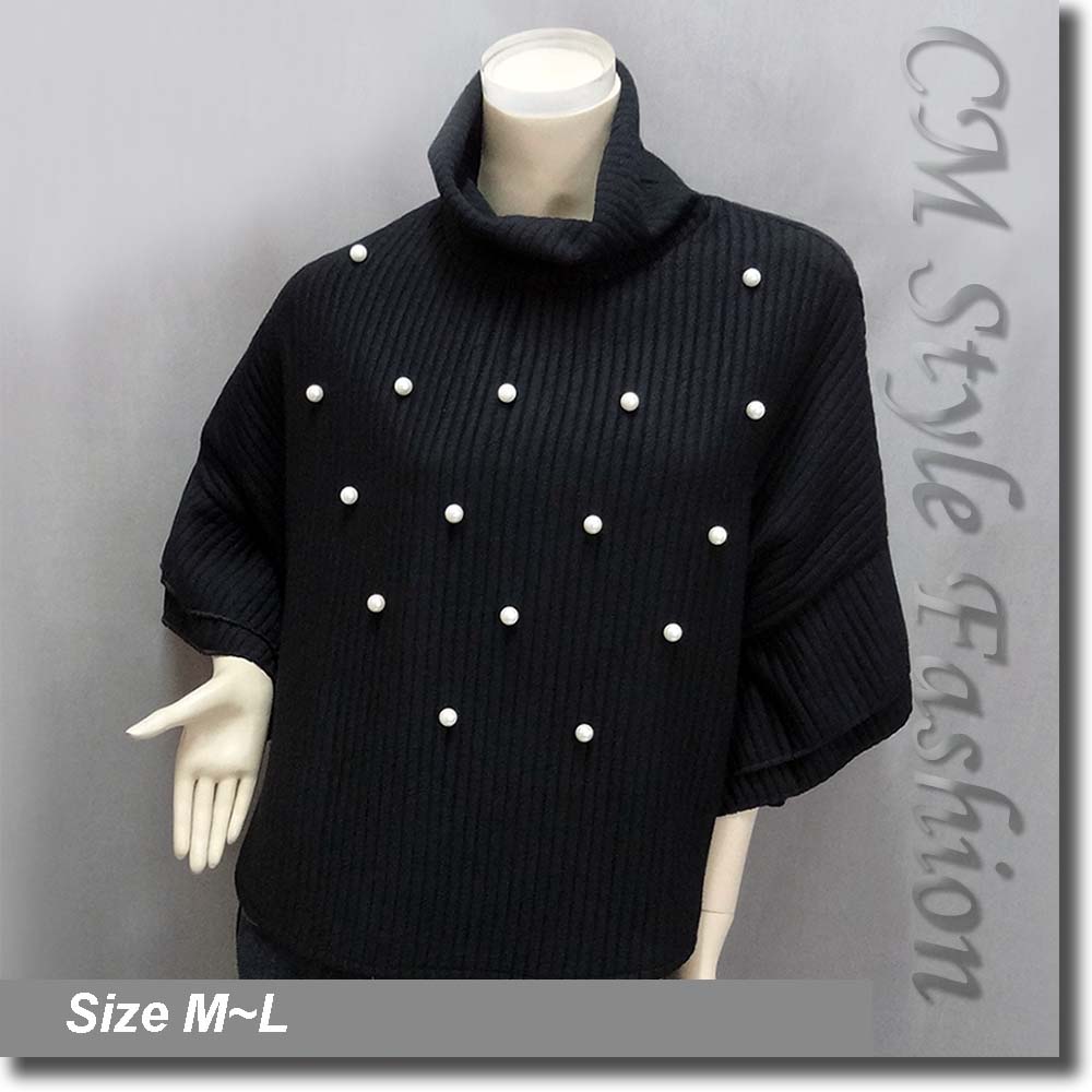 Cowl Neck Ribbed Beaded Poncho Top Black