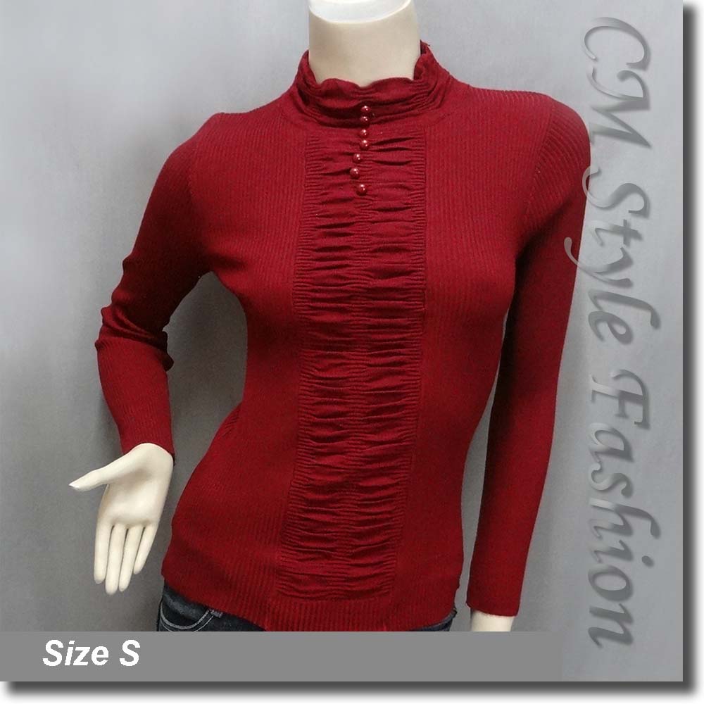 Stretchy Ribbed Ruched Long Sleeve Mock Neck Pullover Top Burgundy Red