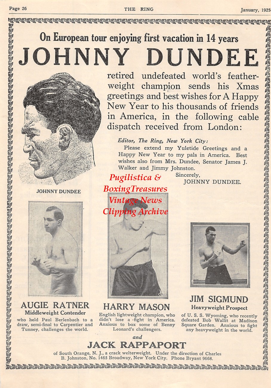 Boxing News Clipping #1535 - Johnny Dundee, Augie Ratner, Harry Mason ...