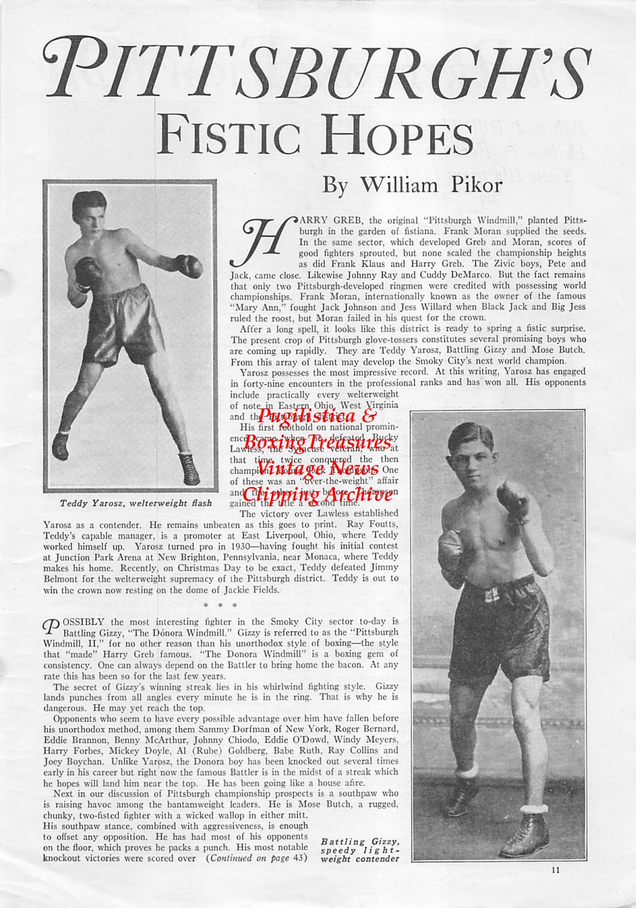 Boxing News Clipping #1723 - Teddy Yarosz, Battling Gizzy, Jack Britton ...