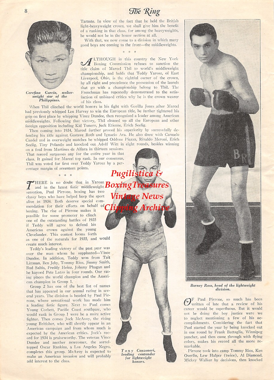 Boxing News Clipping #1889 - Ceferino Garcia, Tony Canzoneri, Barney Ross, Patsy Perroni, Young ...