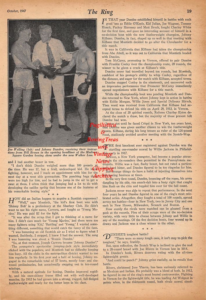 Boxing News Clipping #494 - Joe Welling vs. Johnny Dundee, Sid Terris