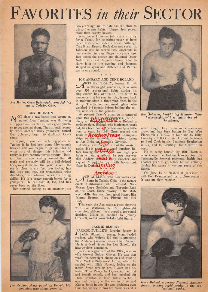 Boxing News Clipping #545 - Ace Miller, Ben Johnson, Joe Andary, Gene ...