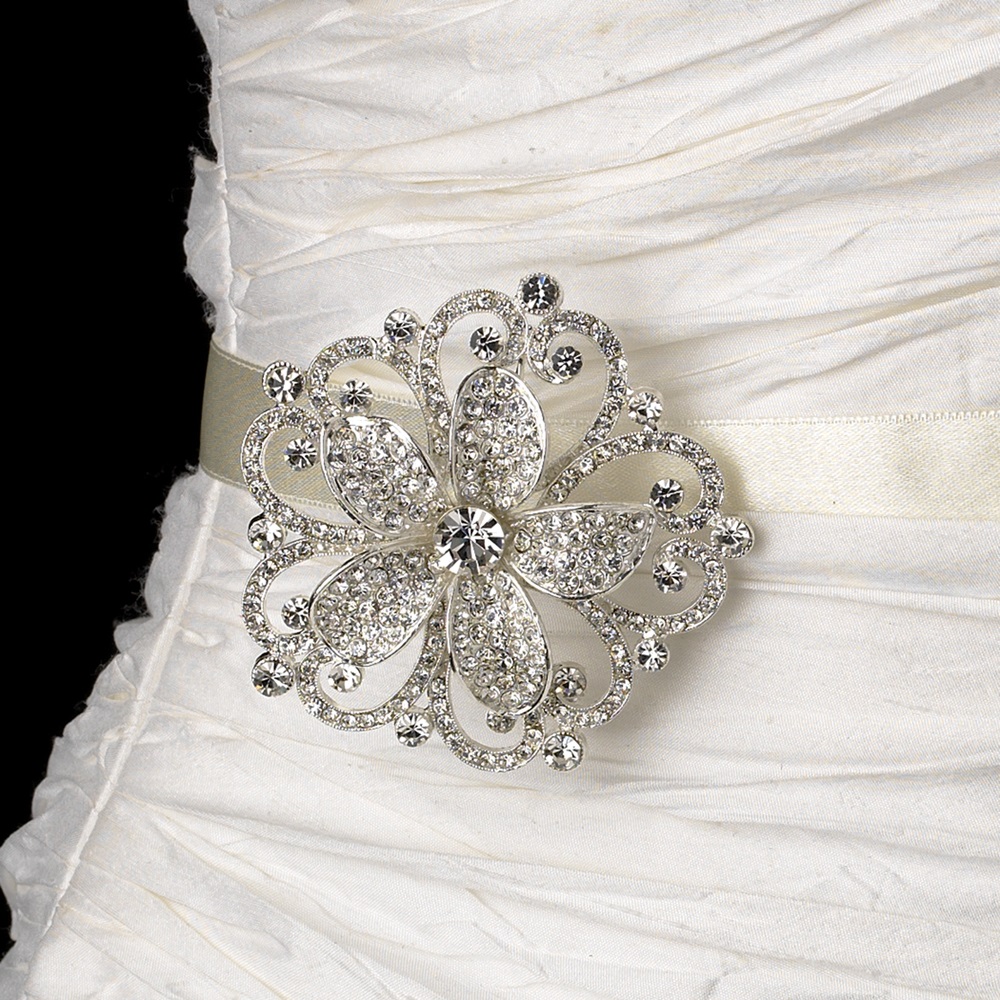 Wedding Sash Bridal Belt with Silver Crystal Vintage Floral Brooch 138