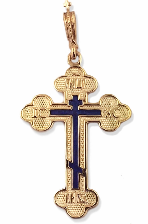 Three Barred Reversible Gold Cross, Blue Enameled - at Holy Trinity Store