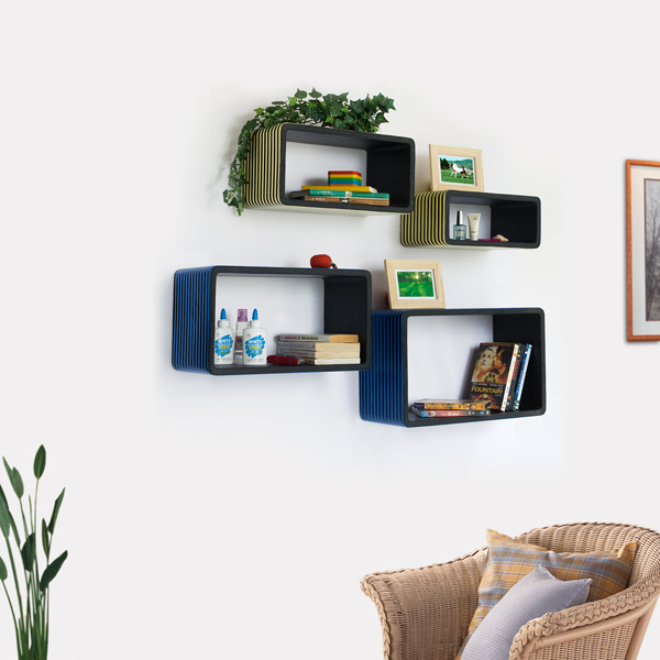 Trista - [Blue & Yellow Strip] Rectangle Leather Wall Shelf / Bookshelf ...