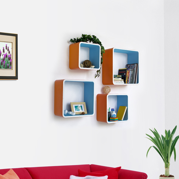 Trista - [Orange & Blue Strip] Square Leather Wall Shelf / Bookshelf ...