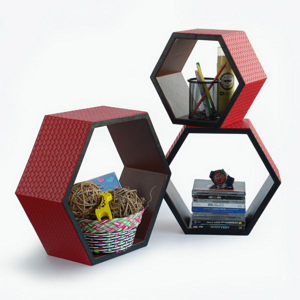 Trista - [Colorado Red Grid] Hexagon Leather Wall Shelf / Bookshelf ...
