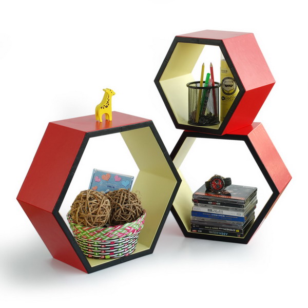 Trista - [Colorado Red Grid] Hexagon Leather Wall Shelf / Bookshelf ...