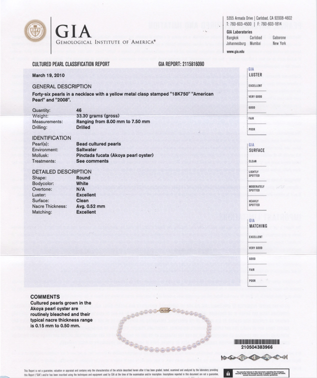 GIA Cultured Pearl Classification Report | American Pearl