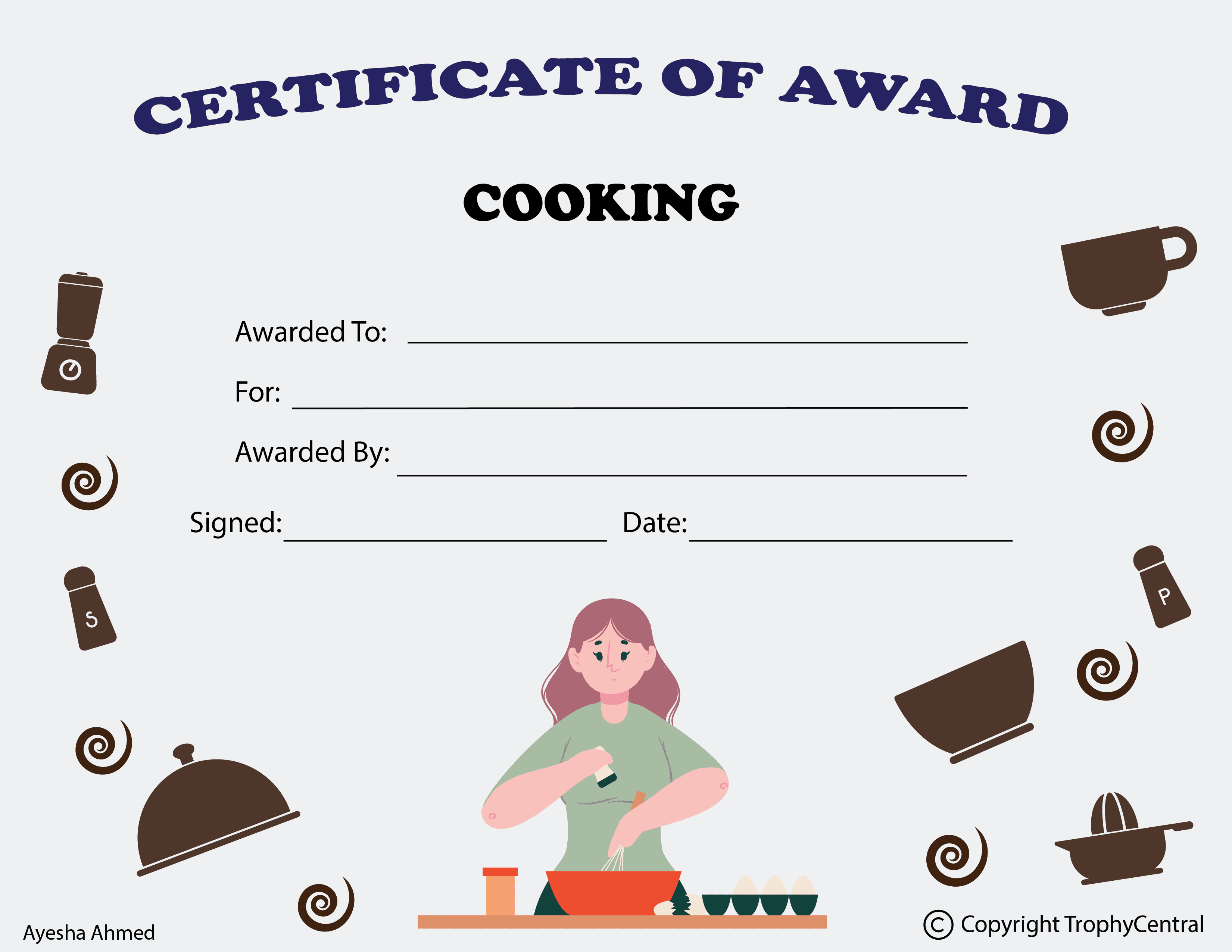 Free Cooking Certificate Template (Female Figure) | TrophyCentral