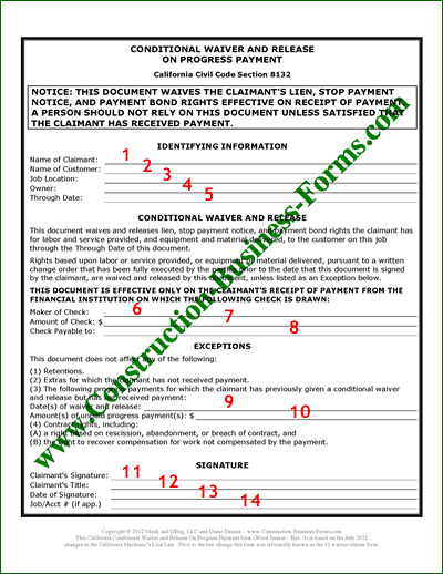 How to fill out the various sections of the California #1 Conditional ...