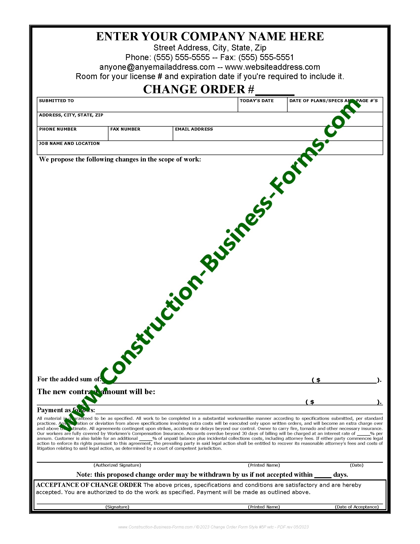 Construction Change Order Forms Without Provision For License
