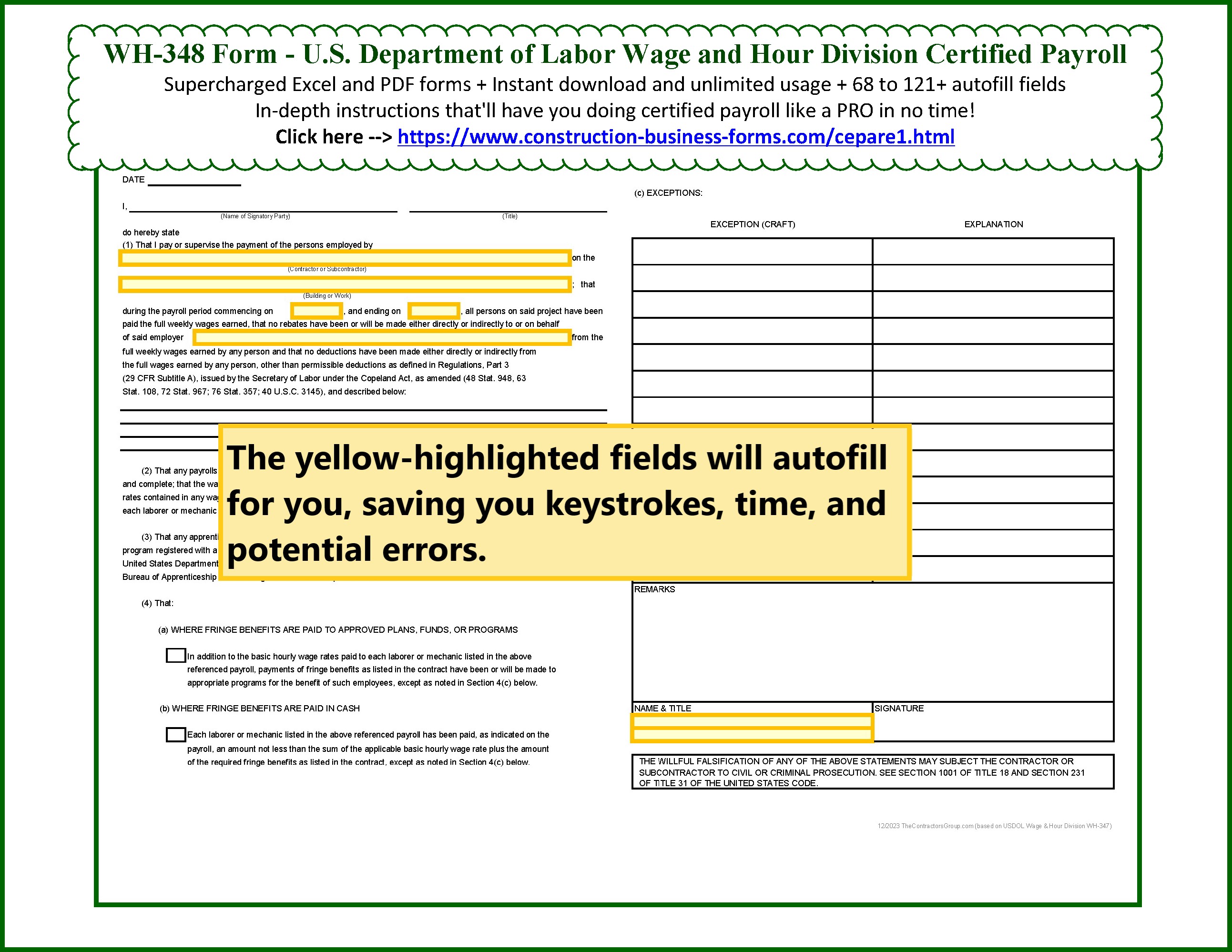 WH-347 Form and WH-348 Form with 68 autofill fields - Excel and PDF ...