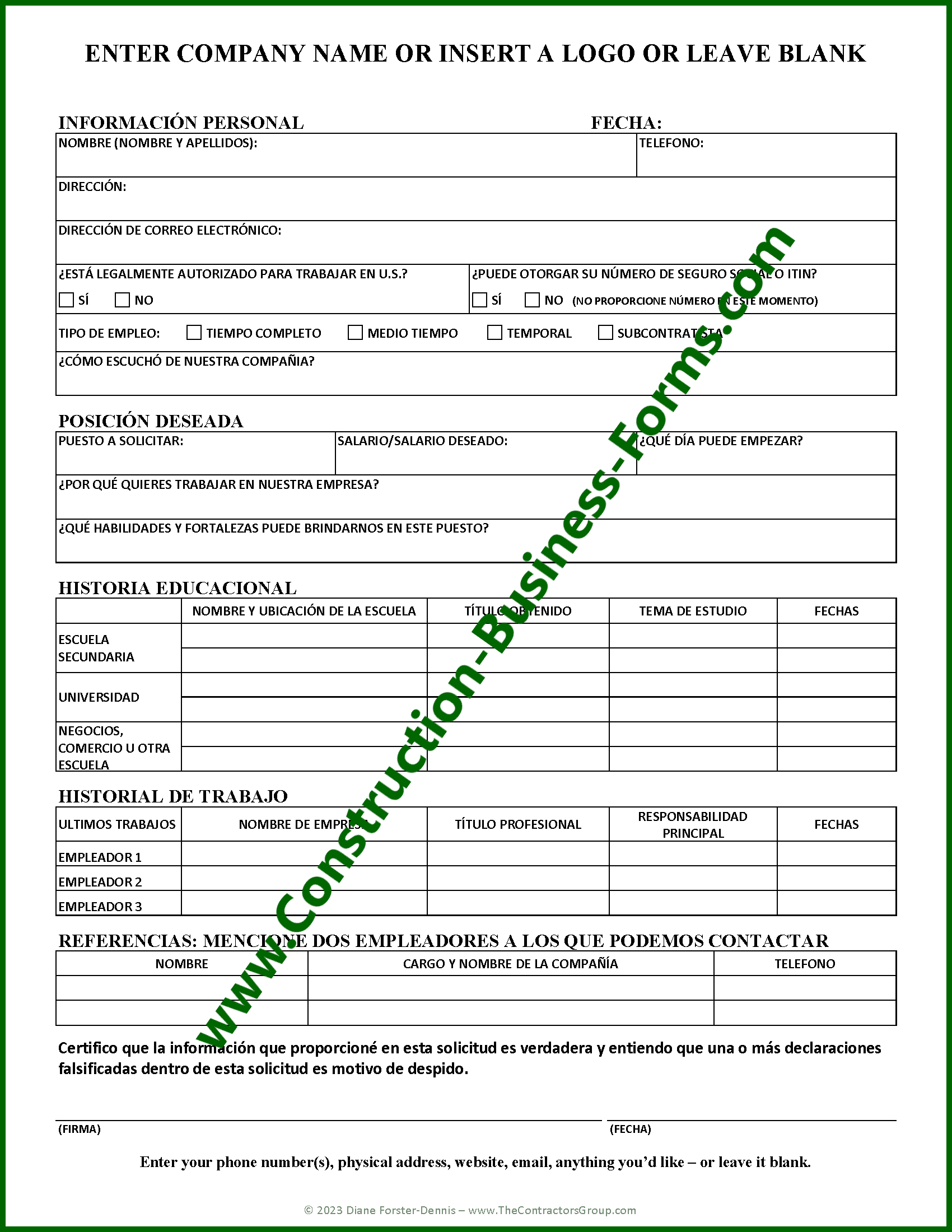 Spanish Language One-Page Employment Application Form, includes the ...