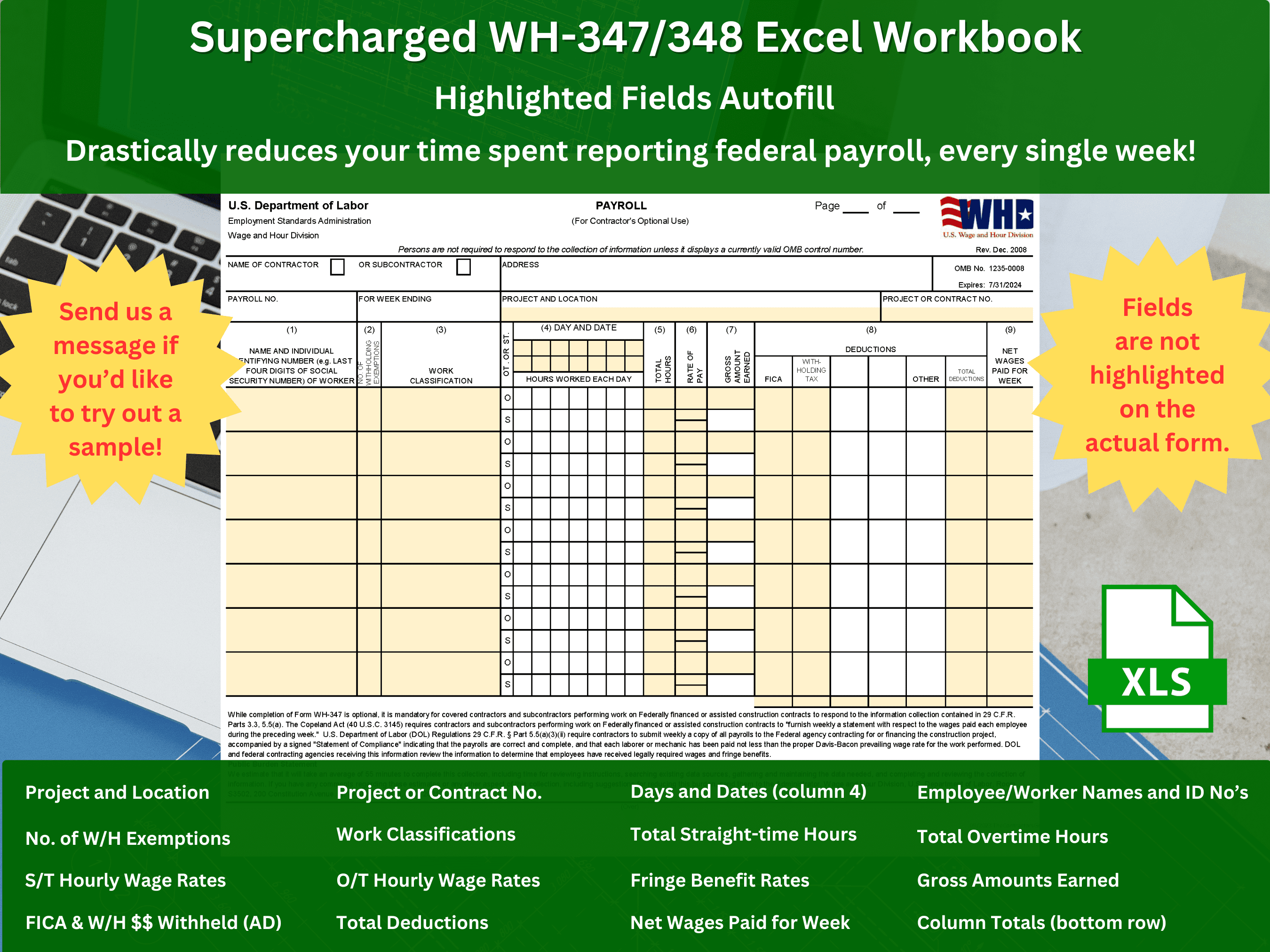Fillable WH-347 and WH-348 Certified Payroll Form Premium Excel Workbook