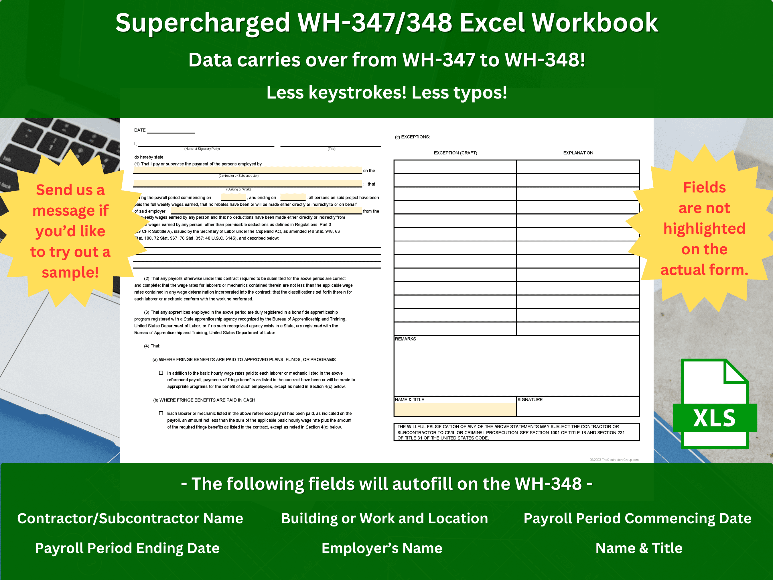 Fillable WH-347 and WH-348 Certified Payroll Form Premium Excel Workbook