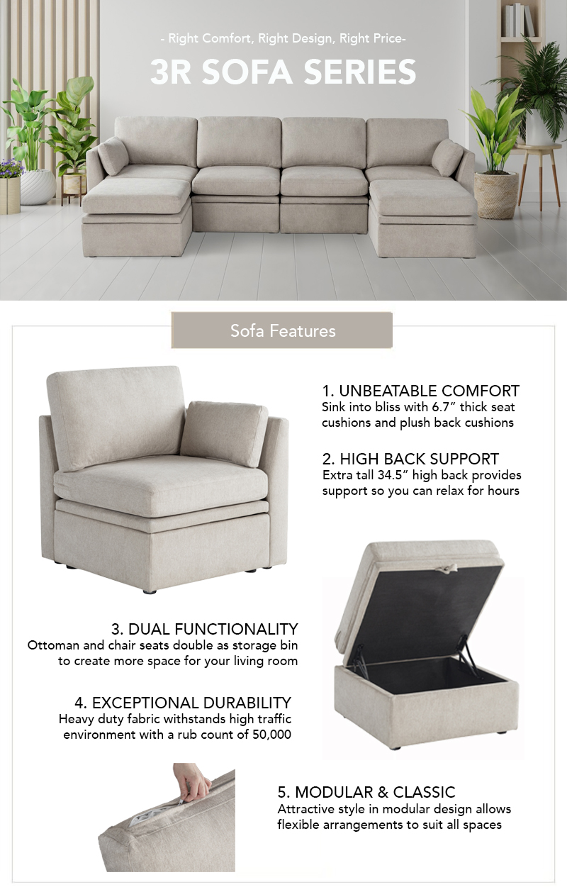 Ohana Depot 3R Modular Sectional Sofa Couch 6 Piece U-Shaped Living Room Sofa